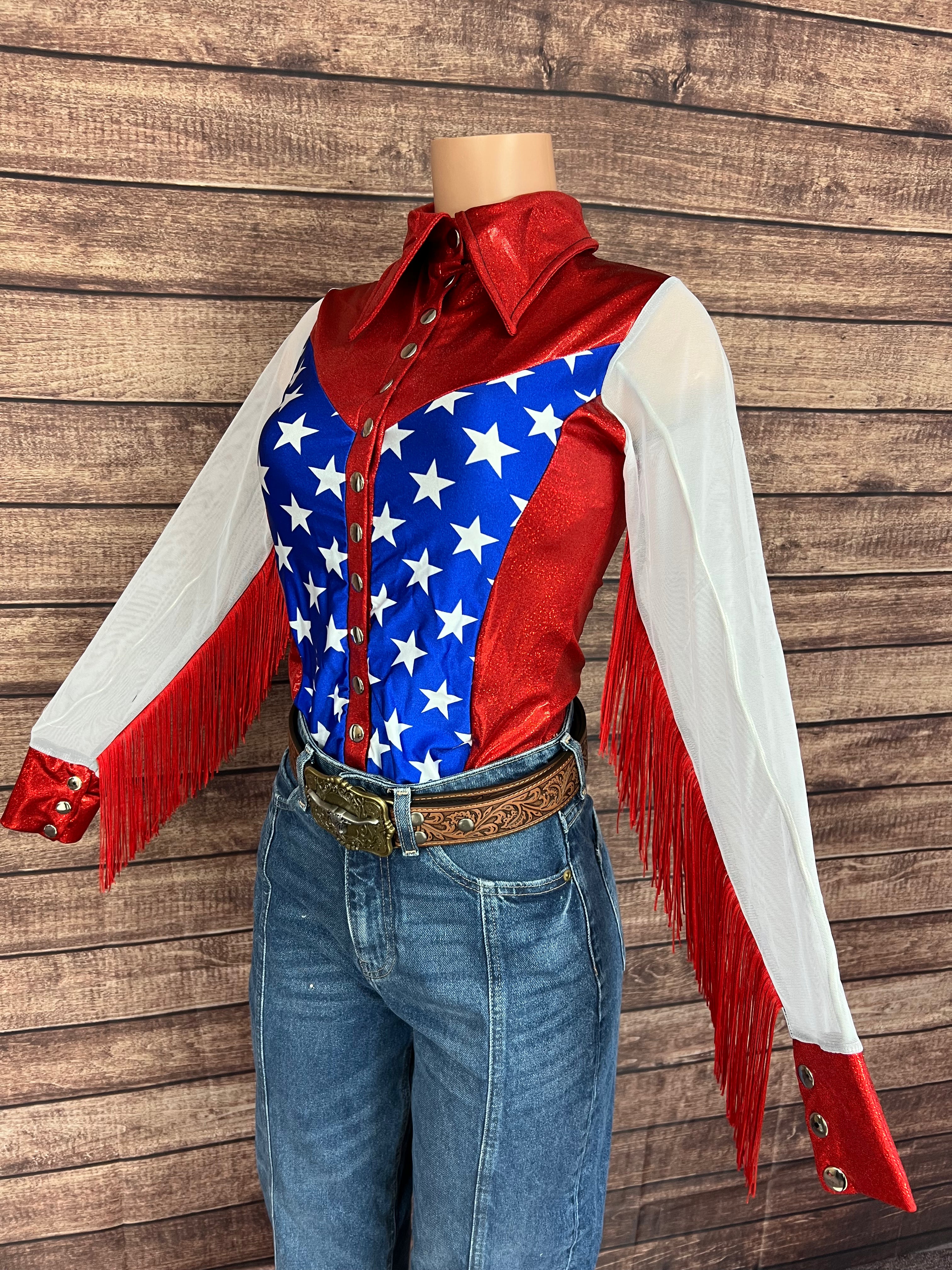 Star Spangled Mesh Sleeve, Snap Front Rodeo Shirt - Riverside Rodeo Shirts